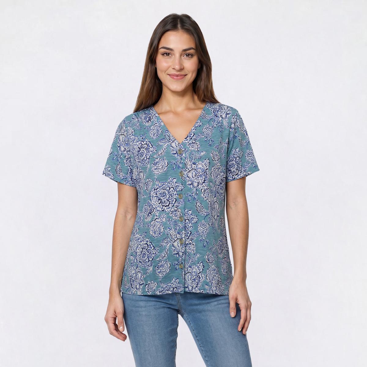 Click here for Petite Emily Daniels Marled Floral Button Front Bl... prices